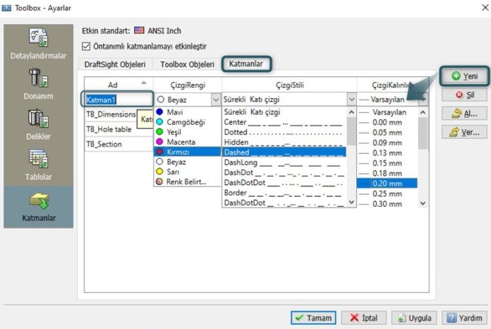 DraftSight Toolbox Öntanımlı Katman Ayarları - TEKYAZ Blog